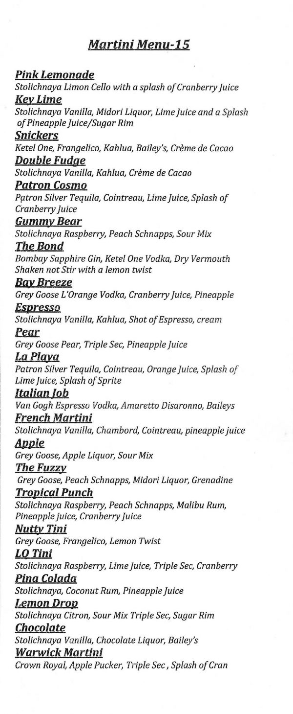 Martini Menu - La Piazza Restaurant and Lounge